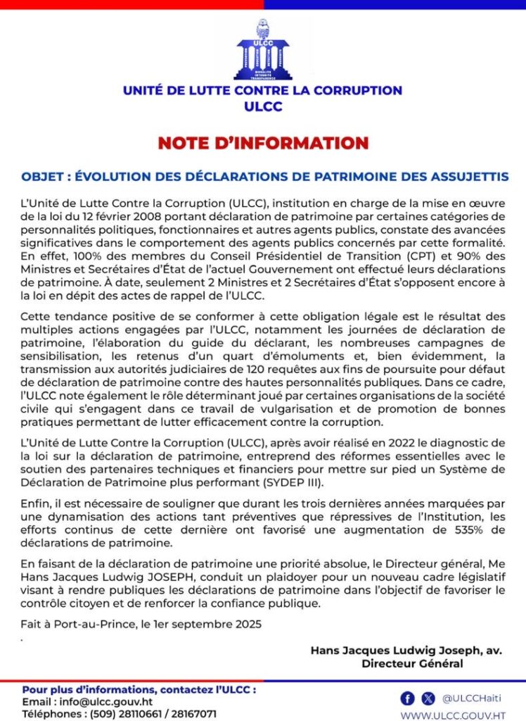 Haïti : L’ULCC constate une avancée significative dans la conformité à ...